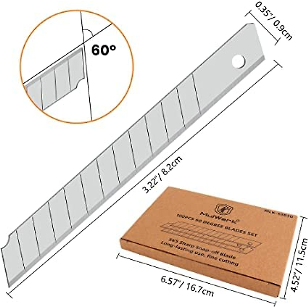 MulWark 100PC 9MM Snap Off 60 Degree Utility Knife Replacement Blades, Multi-Purpose Sharp Precision Box Cutter Blade for Universal Retractable Cutting Knives