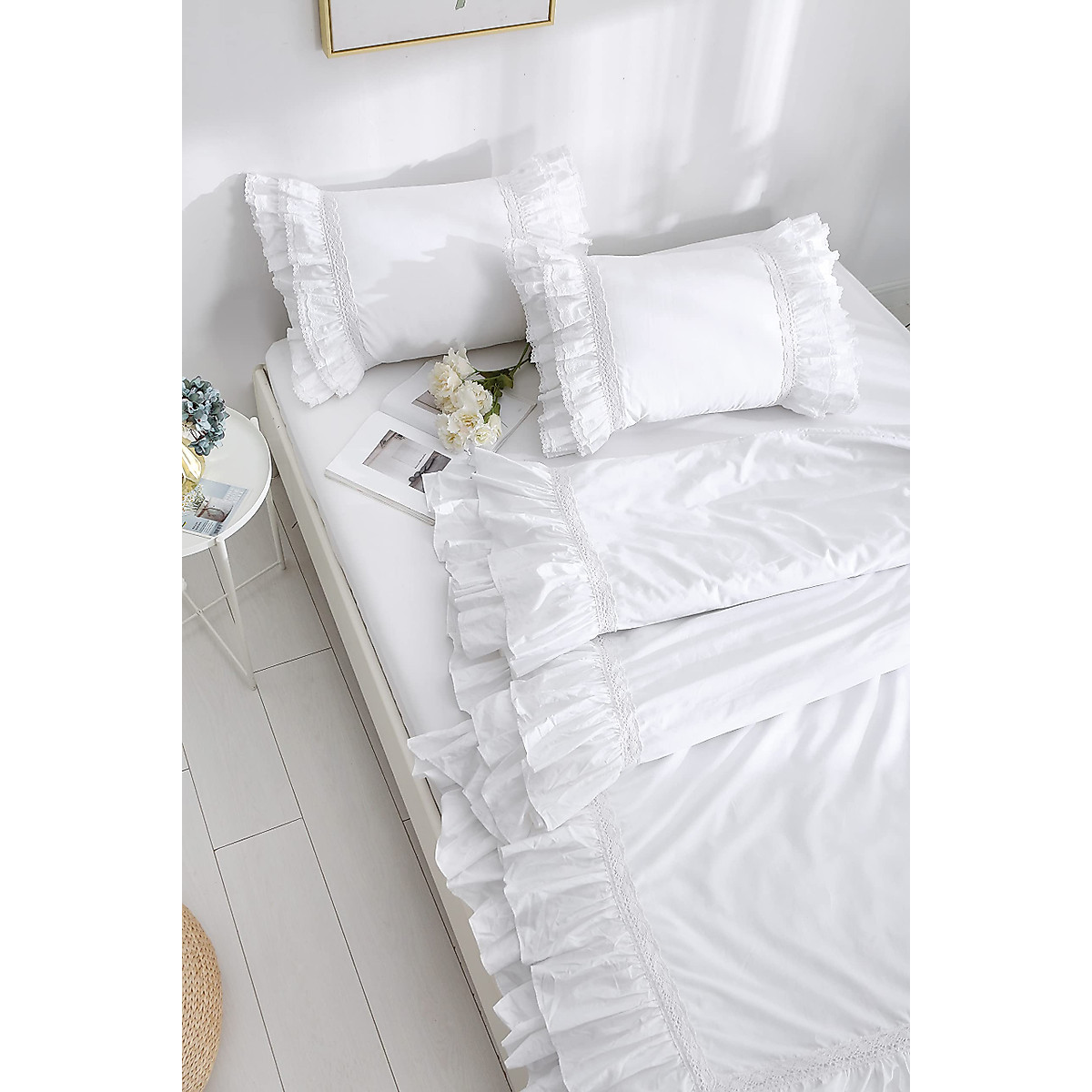 Meaning4 White Twin Duvet Cover with Ruffles and Lace Quilt Cover Egypt Cotton 68x90 Inch 1 Pieces Solid (Not Include Pillowcases and Insert)