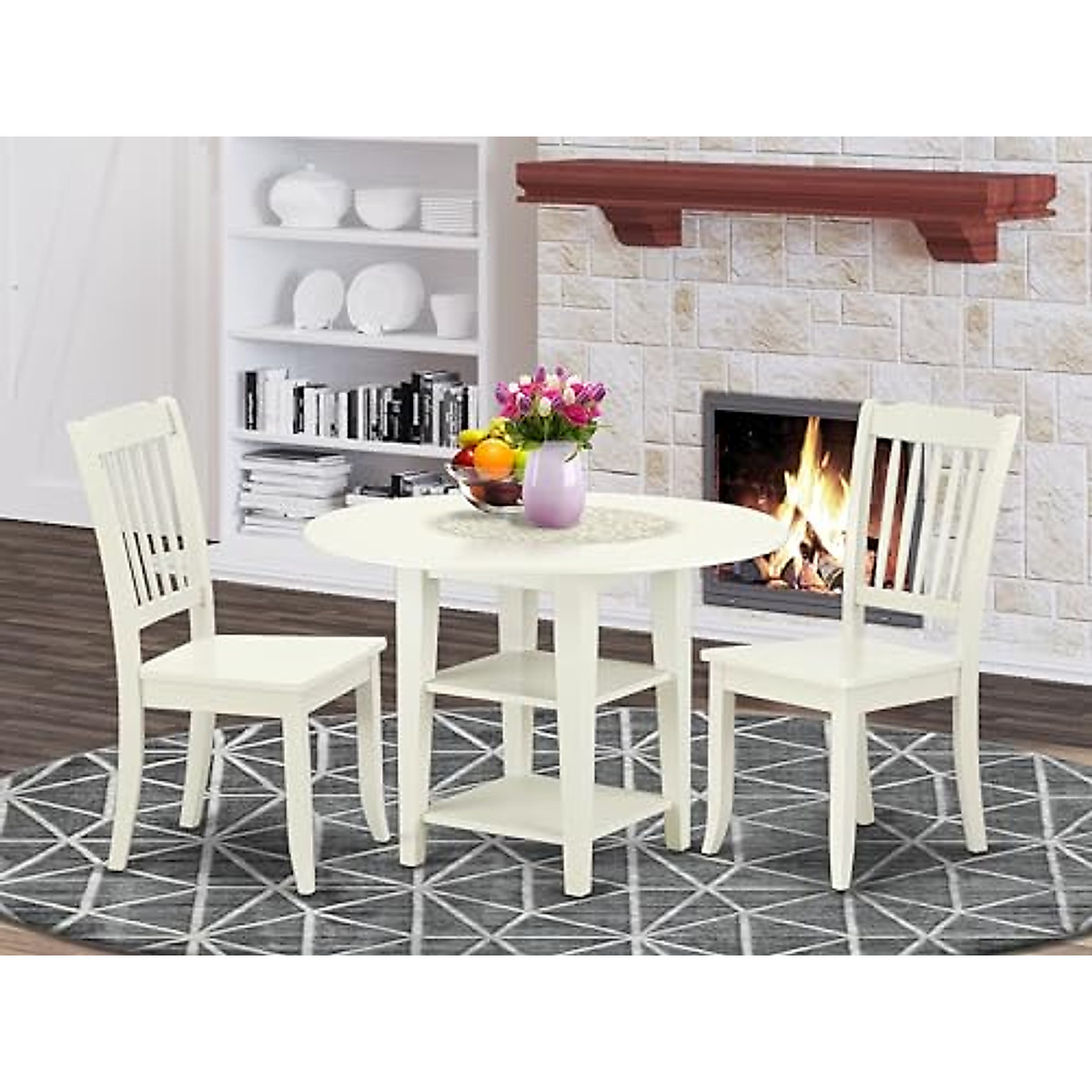 East West Furniture SUDA3-LWH-W 3 Piece Dining Room Table Set Contains a Round Dining Table with Dropleaf & Shelves and 2 Wood Seat Chairs, 42x42 Inch, Linen White