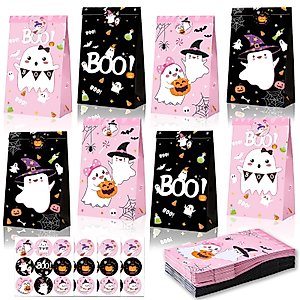 24Pcs Halloween Paper Treat Bags Pink Black Boo Ghost Pumpkin Candy Goodie Bags with Stickers for Halloween Trick or Treat Party Favors Baby Shower Supplies