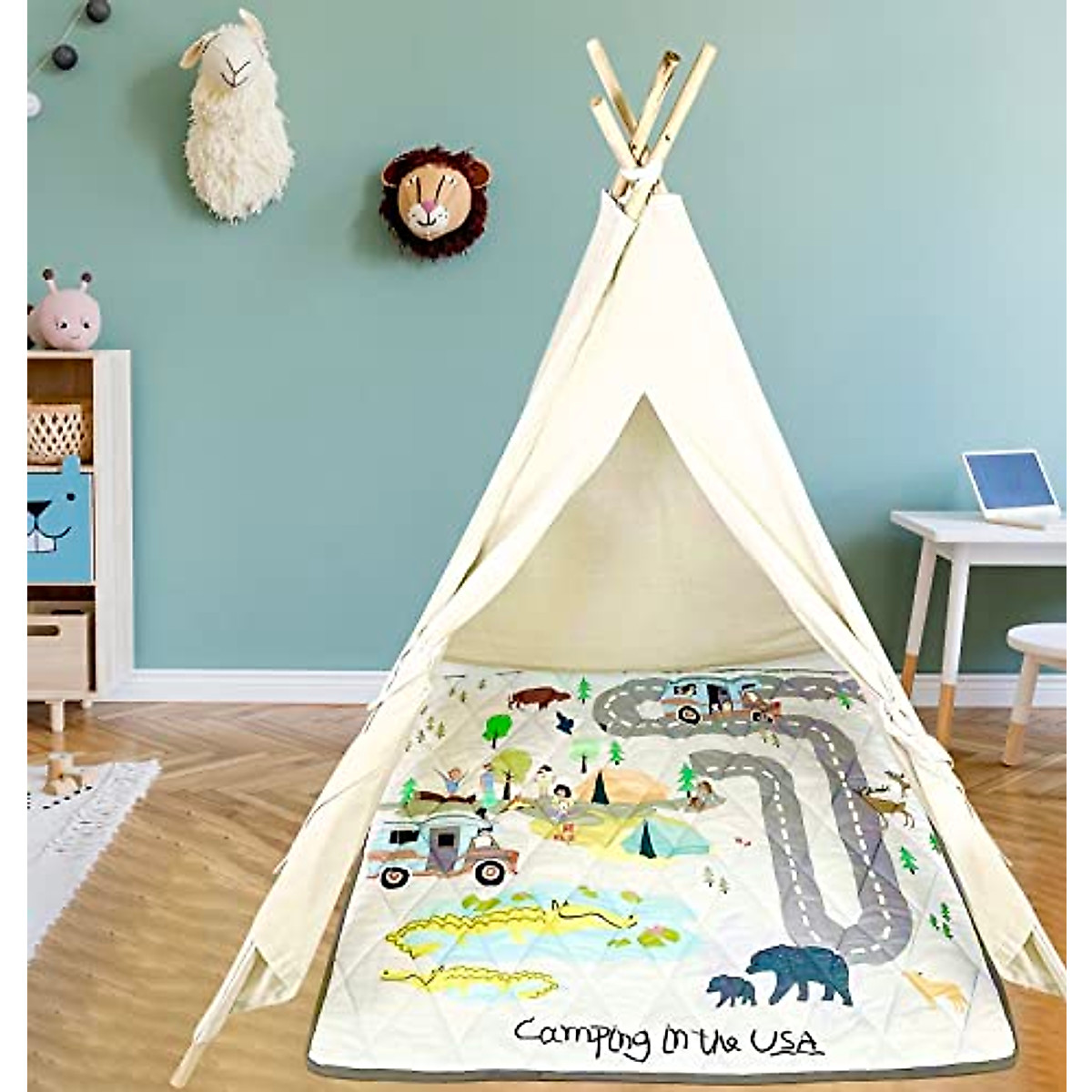 Baby Play Mat, Washable Play Mat for Baby 43"x43", Foldable Kids Tents Mat, Baby Play Gym Mat, Play Tent Mat for Toddler, Baby Tummy Time Mat, Non-Slip (Camping in The USA)