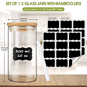 Glass Jars with Bamboo Lids,12 Pack Spice Jars with Bamboo Lids,10oz (300ml) Glass Storage Jars,Glass Canisters with Wood Airtight Lids,Labels,Glass Storage Containers for Food,Beans,Candy,Spice