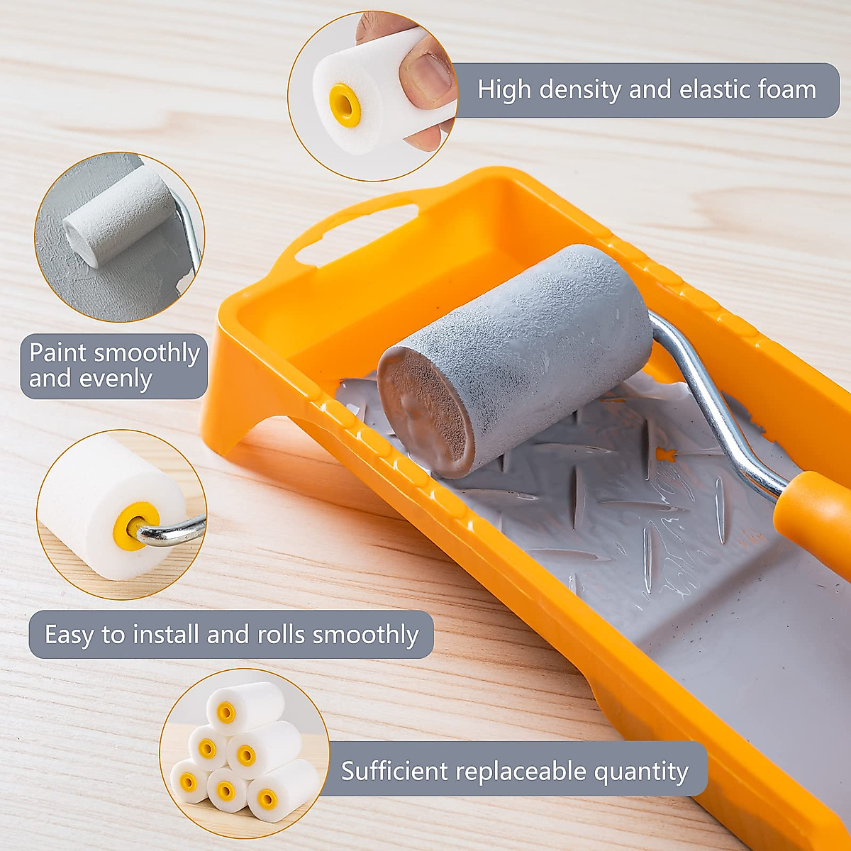 Mister Rui Foam Paint Roller, 2 Inch Mini Paint Roller Kit 9 Pack, Small Paint Roller with Tray and Liner, Small Paint Rollers 2 Inch, Mini Rollers for Painting Furniture, Stenciling, Art Crafts