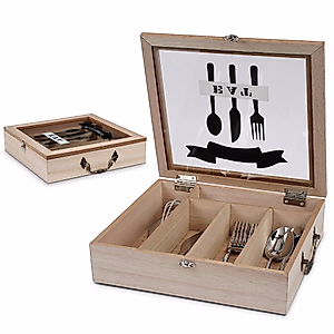 WPKLTMZ Wooden Cutlery Box with Lid Wood Cutlery Organizer Silverware Drawer Organizer with 4 Compartments for Spoon Chopsticks Storage Box Container for Kitchen Countertop Dining Table