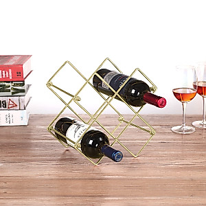 Buruis Countertop Wine Rack - 6 Bottle Wine Holder for Red White Wine Storage - Freestanding Metal Wine Rack - Small Tabletop Wine Rack - Modern Wine Bottle Holder (6 Bottle Gold)
