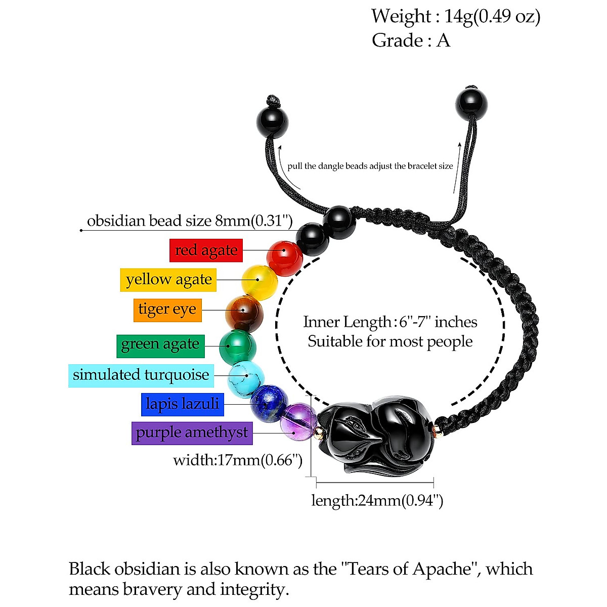 Jewever 7 Chakra Bracelet for Women Fox Black Obsidian Crystals and Gemstones Braided Rope Natural Stone Yoga Meditation Beads Bangle