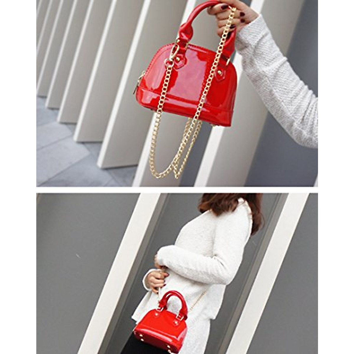 Zip Around Dome Patent Leather Satchel Mini Top Handle Tote Bag Shell Shape Purse Handbags