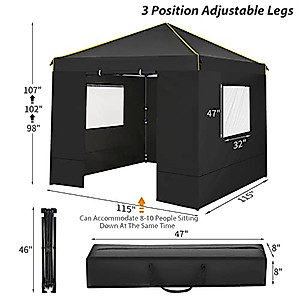 10x10 Pop Up Canopy Tent with 4 Removable Sidewalls, Waterproof Commercial Instant Gazebo Outdoor Tents for Party/Exhibition/Picnic with Carry Bag,4 Stakes & Ropes (Black)