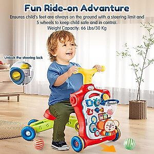 Baby Walker 5 in 1,VATOS Sit-to-Stand Learning Walker,Assemble as Scooter/Balance Bike/Push Walker/Activity Table/Detachable Panel,Push Walkers Toys with Music for Toddlers Infant Boys Girls