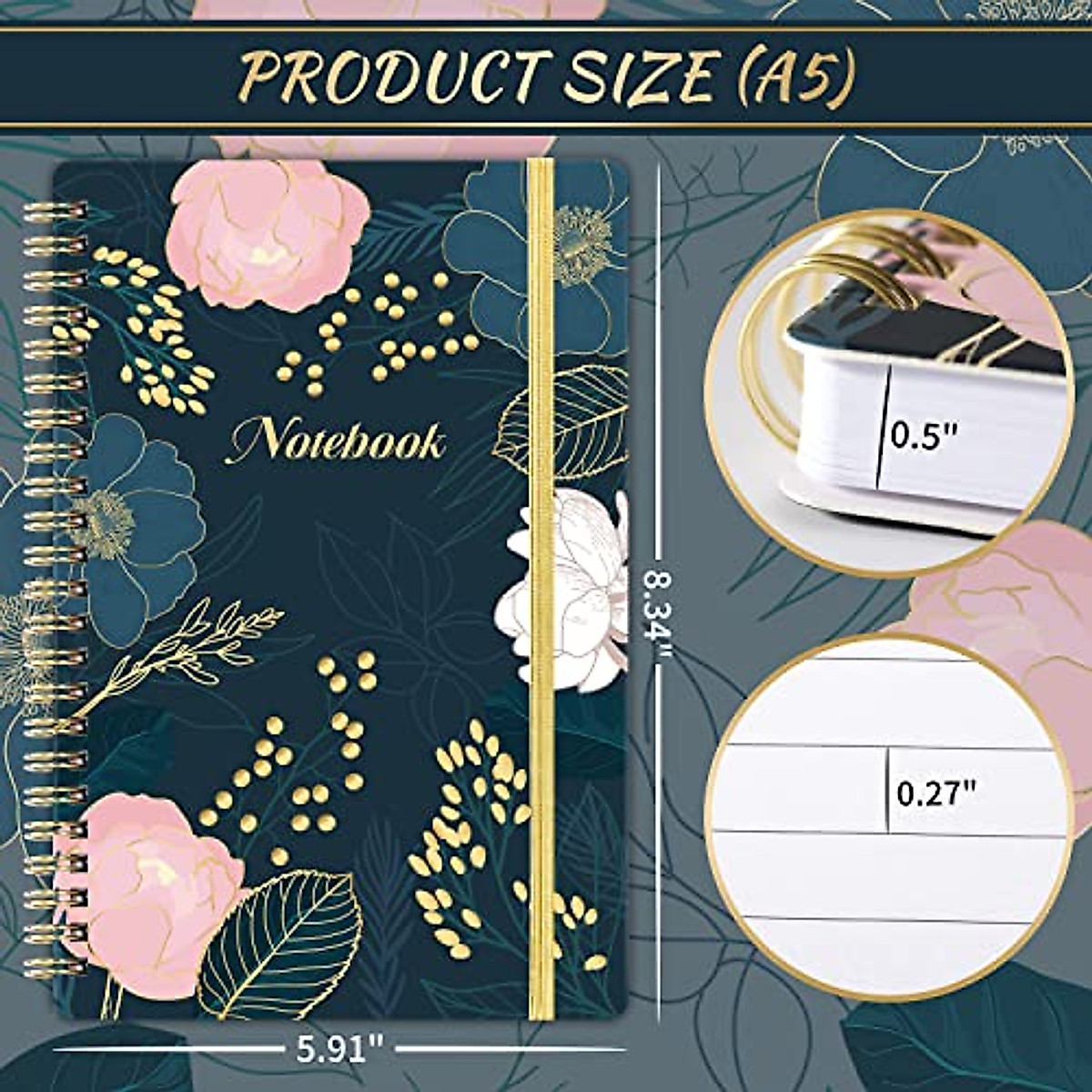 Notebook - 3 Pack A5 Ruled Journal Notebook, 8.3”x 6'', 3 x 160 Pages, Journal for Women, College Ruled Notebook, Spiral Notebook with Thick Paper, Pocket, Round Corner, Notebooks for Office & School