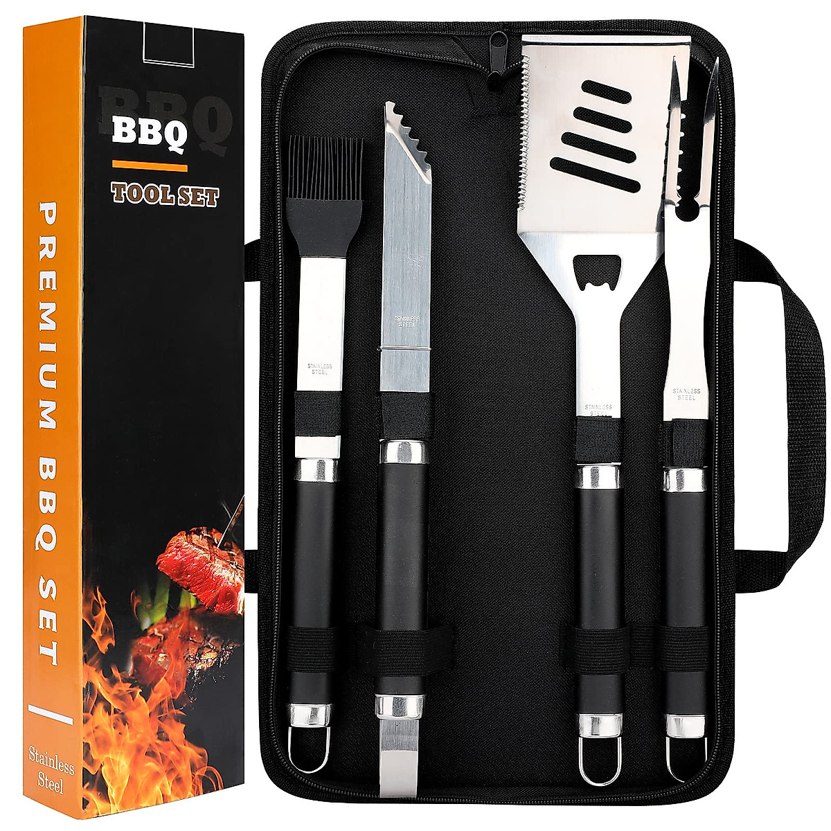 BBQ Tools Grill Tools Set, Stainless Grill Kit Grilling Set - Heavy Duty Premium BBQ Accessories with Portable Bag, with Spatula, Fork, Brush & BBQ Tongs- Perfect Grill Gifts for Men
