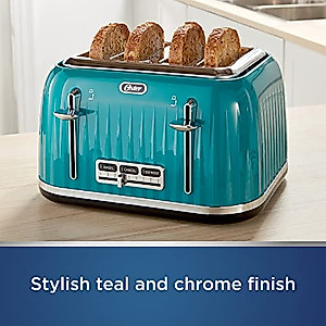 Oster 4-Slice Extra Wide Slot Pop Up Toaster with 9 Shade Settings, Removable Crumb Tray, and Quick Check Lever, Teal w/ Chrome Accents