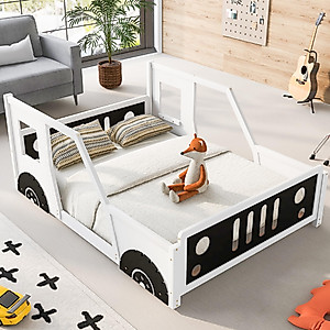 Full Size Car Bed, Wood Floor Bed Frame with Headboard & Footboard and 4 Side Rails, Kids Racecar Bed for Boys Girls Teens, White