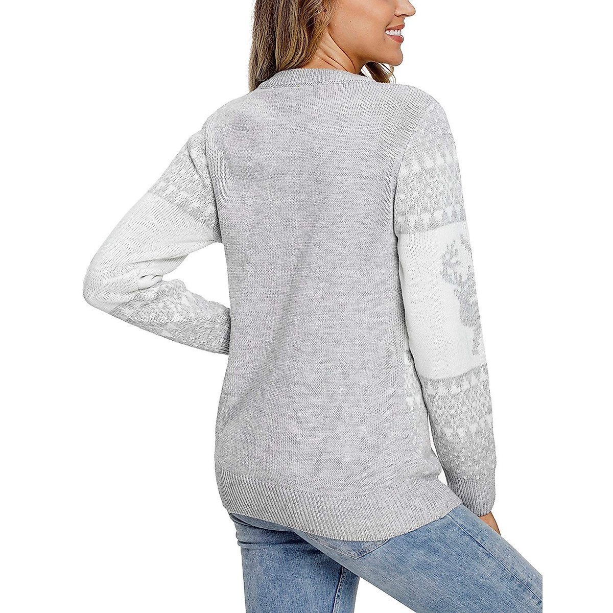 LookbookStore Women's Grey Long Sleeves Ugly Christmas Tree Reindeer Winter Holiday Knit Sweater Pullover Size S 4 6