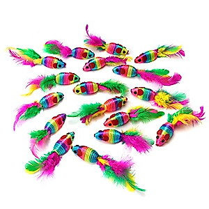 CHIWAVA 24PCS 5" Rattle Cat Toys Mice with Feather Rainbow Rope Mouse Kitten Interactive Toy Assorted Color