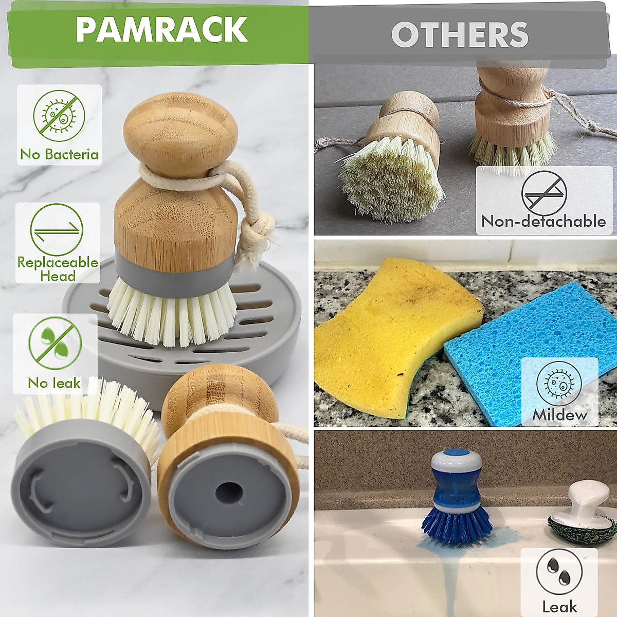 Bamboo Dish Brush, 2 Pack Bamboo Dish Scrub Brushes with Tray, Detachable Wooden Palm Brush for Cleaning Pots, Pans, Dishes, Sink and Vegetables