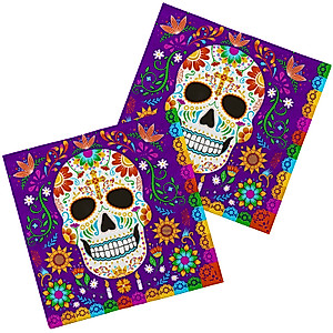 Day of the Dead Party Supplies Disposable Paper Napkins for Dia De Los Muertos Party Decorations, 50 Pack, Sugar Skull Design and vibrant colors