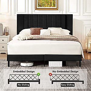 Flolinda King Size Platform Bed Frame with Velvet Upholstered Headboard and Wooden Slats Support, Fully Upholstered Mattress Foundation/No Box Spring Needed/Easy Assembly, Black