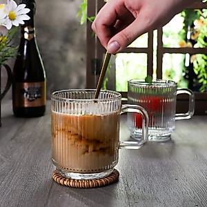 Ymyaye Clear Glass Coffee Mug Set of 4, 12 Ounces Ribbed Glassware with Spoon, Classic Vertical Stripes Tea Mugs for Soda, Latte, Espresso, Cappuccino, Gift for Birthday Holidays Wedding Anniversary