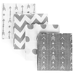 Momo Bebe Muslin Baby Swaddle Blankets - 4 Pack Large 47x47 inch Cotton Swaddles - White Grey Chevron Polka Dot Arrow - Soft Breathable Comfortable Durable - Nursery Shower Gift Set Unisex Neutral