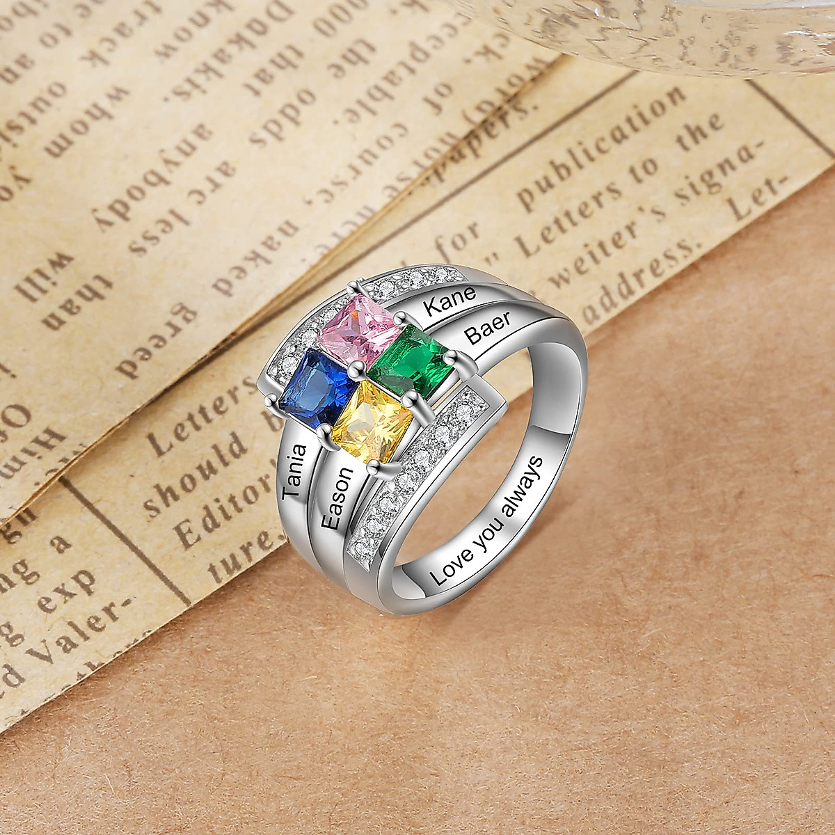 Zomodia Mothers Ring Personalized 4 Simulated Birthstones Engraved 4 Names Anniversary Promise Ring for Her Family Jewelry Gift for Grandma (9)