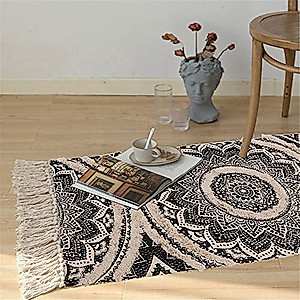 Seavish Tufted Cotton Rug, 2X3 Black Mandala Boho Rug, Hand Woven Bohemian Throw Rugs, Shag Accent Fringe Tassel Rug for Bedroom Bedside Kitchen, Laundry Room Rug