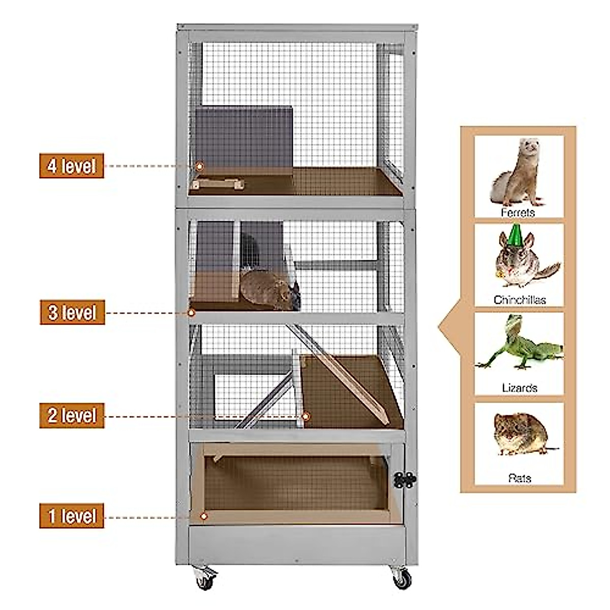 Ferret Cage Chinchilla Cage Large 4 Levels Critter Nation Cage Perfect for Ferret,Chinchilla, Rat, Squirrel, Lizard and Other Small Animal,Upgrade Anti-Chewing (Grey)