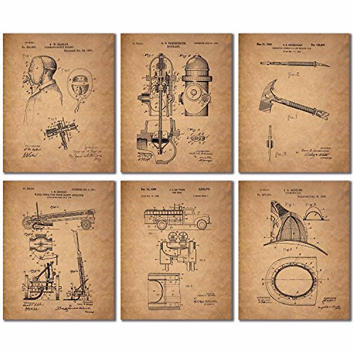 BigWig Photos Fireman Patent Wall Art Prints - Firemen Firefighter Gift Set of 6 (8 inches x 10 inches)