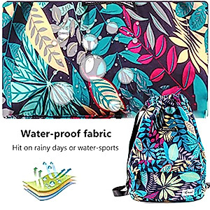 Risefit Water Resistant Drawstring Bag, Gym Bag Sackpack Sports Beach Backpack for Men Women (Blue Leaves)
