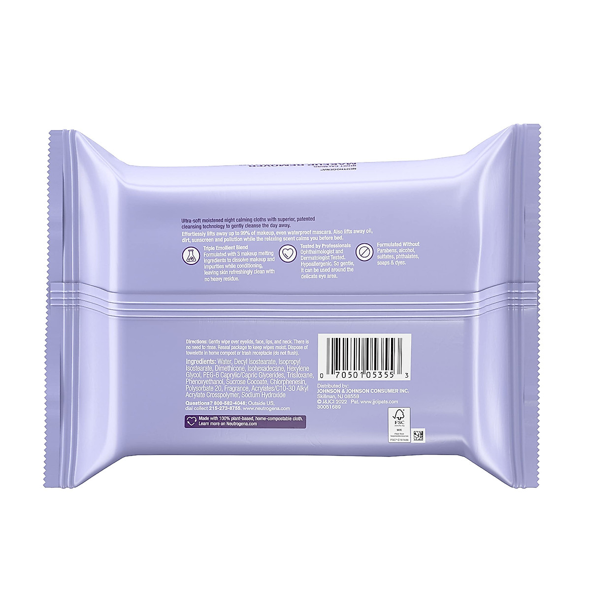 Neutrogena Makeup Remover Night Calming Cleansing Towelettes, Disposable Nighttime Face Wipes to Remove Dirt, Oil & Makeup, 25 ct
