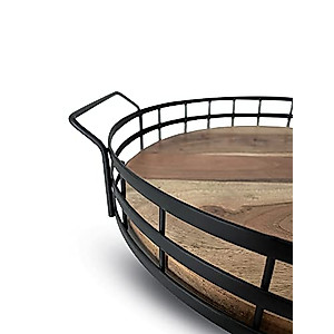 Farmhouse Round Wooden Tray with Black Metal Frame & Acacia Wood Base with Handles. This Round Tray is an Ideal Decorative Tray, Coffee Table, Drinks or Serving Tray by Cube Home