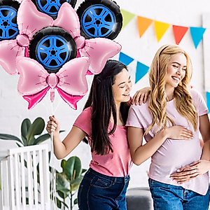 16 Pcs Bow or Burnout Gender Reveal Foil Balloons Set, 18 Inches Wheels Balloon, Bow Balloon, Large Pink Bowtie Foil Balloons for Gender Reveal, Baby Shower Wedding Birthday Party Decoration
