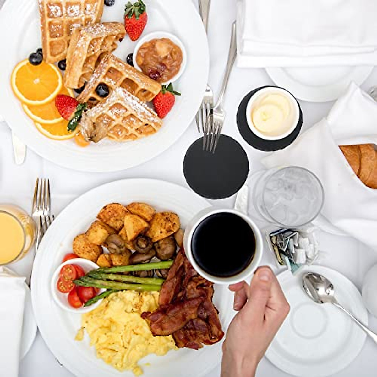 12 Pcs 4 Inch Round Slate Coasters, Drink Coasters, Handmade Rustic Stone Rock Coasters with Anti-Scratch Bottom for Cups Mugs Bar Kitchen Home Decor DIY Project, Natural Edge, Black