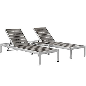 Modway Shore Aluminum Outdoor Patio Two Chaise Lounge Chair and Side End Table in Silver Gray