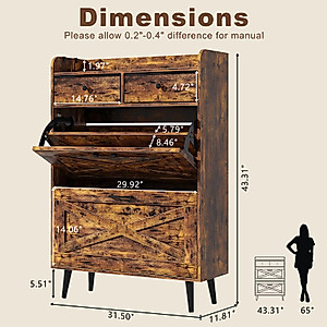 Shoe Cabinet Storage for Entryway, Narrow Shoe Organizer Cabinet with 2 Flip Drawers & 2 Fabric Drawers, Farmhouse Freestanding Big Shoe Storage Cabinet with Robust Legs, Rustic Brown