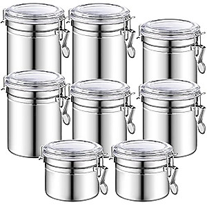 Rtteri 8 Pieces Stainless Steel Airtight Canister Set with Clear Lid and Locking Clamp Food Storage Container Set Stainless Steel Kitchen Canister for Coffee Sugar Flour Tea Candy Cookie Spice