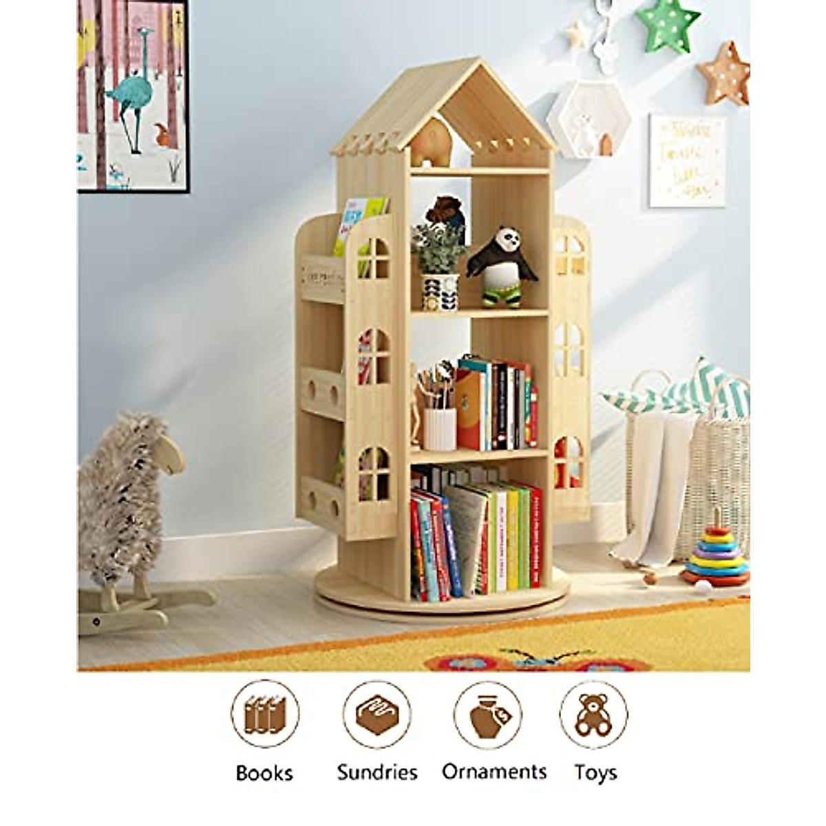 Heehee Rotating Bookshelf 360 Display Floor Standing Bookcase Storage Rack for Kids Children's Bookshelf, Book Display Stand, Wood Book Shelf Organizer for Kids, Storage Book Display Case Bookrack
