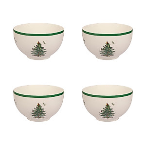 Spode Christmas Tree Collection Rice Bowl, set of 4, 6-Inches, Round, Ceramic Bowl for Soup, Frozen Meals, Stews, and Sticky Rice Dinners, Dishwasher and Microwave Safe (Classic)