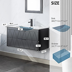 eclife 36" Bathroom Vanities Cabinet with Sink Combo, Wall Mounted Floating Cabient with Decoration Lines, Soft-Close System, 2 Extra Big Drawers, Matte Black Faucet, Black, THKFSF022