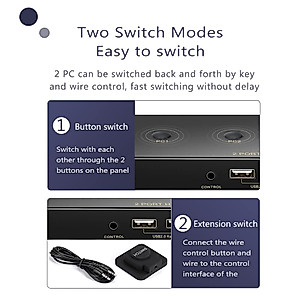 DP KVM Switch 1 Monitors 2 Computers, 2 Port Displayport KVM Switch Share USB 2.0 Devices with 3 USB Hub for 4K@60Hz, 2K@144Hz, 2K@120Hz with Extension Control Switch and 2 USB Cable