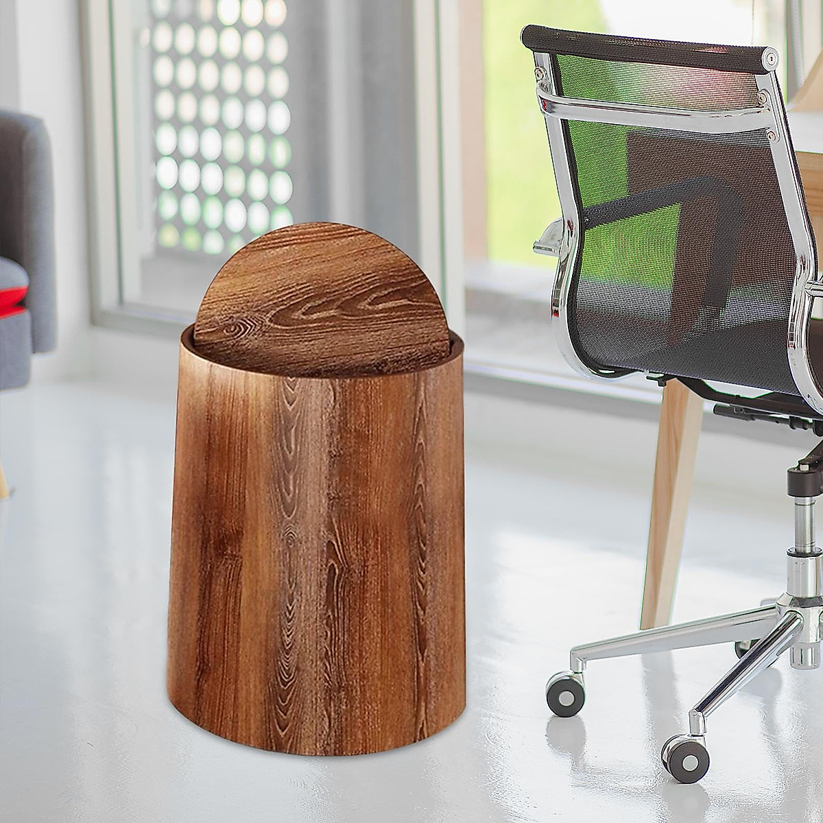 Yajuyi Bathroom Trash Can Household Trash Bin Waste Bin with Swing Lid Garbage Container Wood Grain Trash Can for Office Bedroom, M