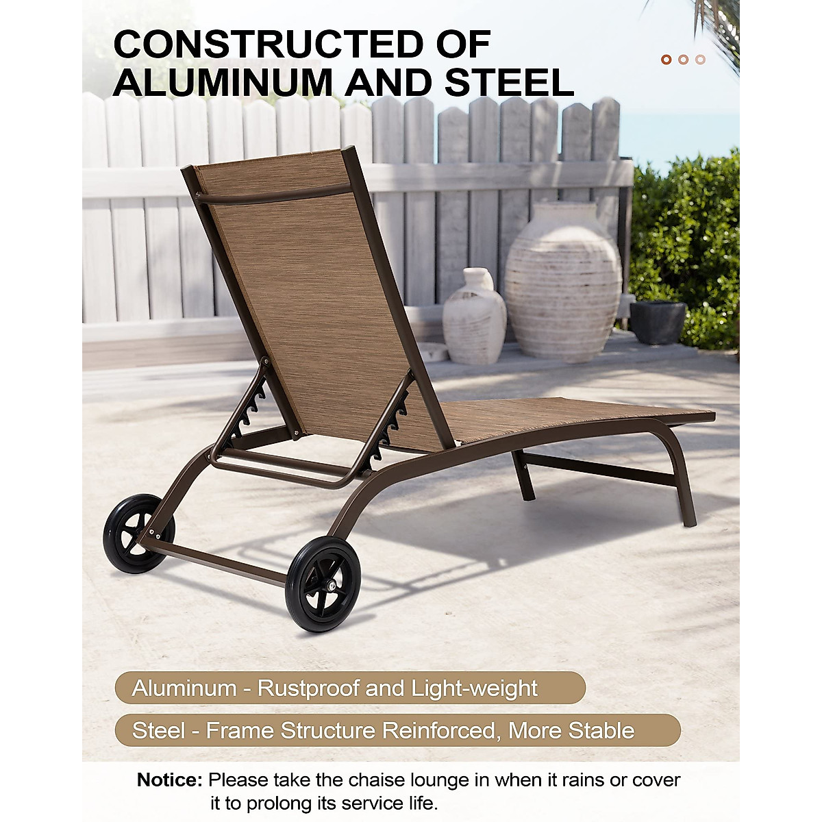 Crestlive Products Outdoor Chaise Lounge Chairs with Wheels Set of 3, Pool Lounge Chairs with 5 Adjustable Position for Patio, Poolside, Yard, Brown