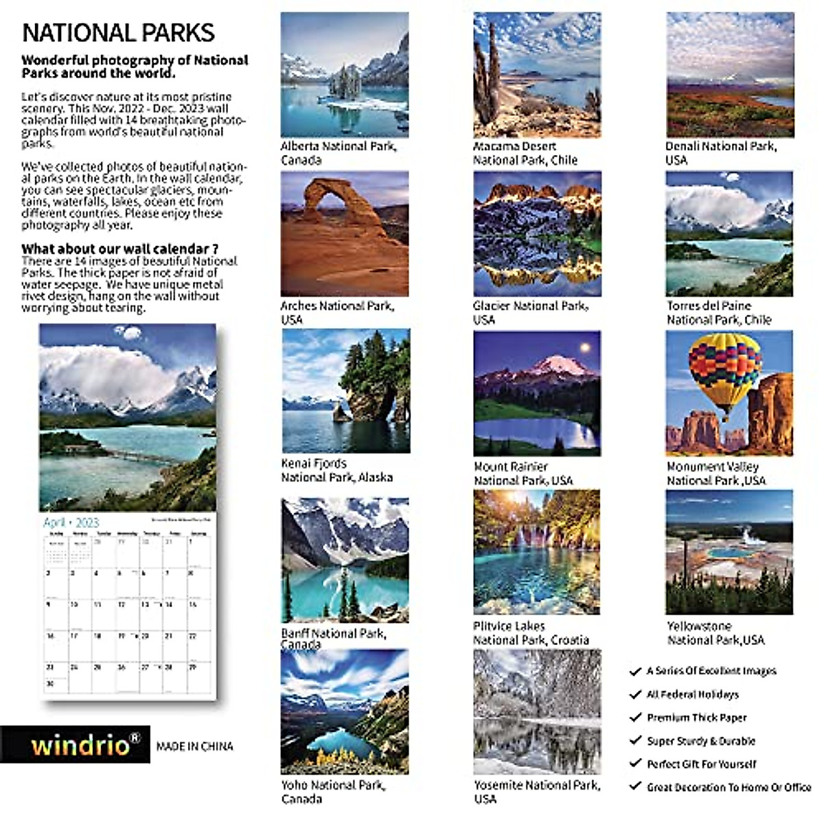 2023 Wall Calendar ,14 Monthly Wall Calendar NATIONAL PARKS Nov. 2022 - Dec. 2023, 12" x 24" Opened,Full Page Months Thick & Sturdy Paper for Gift Calendar Organizing & Planning