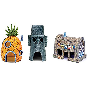 Penn-Plax Spongebob Squarepants Officially Licensed 3-Piece Aquarium Ornament Bundle – Spongebob’s Pineapple House, Squidward’s Easter Island Home, and The Krusty Krab