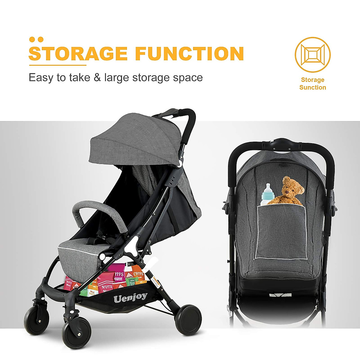 Uenjoy Baby Stroller One-Click Foldable Lightweight Stroller, with Lockable Universal Wheels, Five-Point Safety Belt, Adjustable Awning, Variable Seat and Recliner,Gray