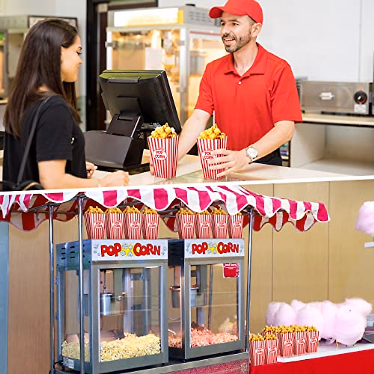 100 Pcs Popcorn Boxes Popcorn Cups Bulk 5.5 Inches Tall Paper Popcorn Bags Popcorn Cups Striped Red and White Popcorn Buckets Containers Bowl for Family Movie Theater Carnival Circus Party