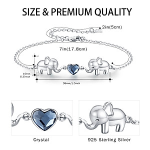 CUOKA MIRACLE Elephants Bracelet 925 Sterling Silver Elephants Hearth Crystal Adjustable Bracelets Cute Animal Bracelet Heart Adjustable Bracelet Jewelry Gifts for Women Mom Best Friend