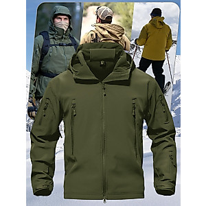 TACVASEN Men Winter Waterproof Snowboard Softshell Parka Jacket Tactical Hoodie Rain Jackets Fleece Lined Mutil-pockets Ski Coats Army Green M