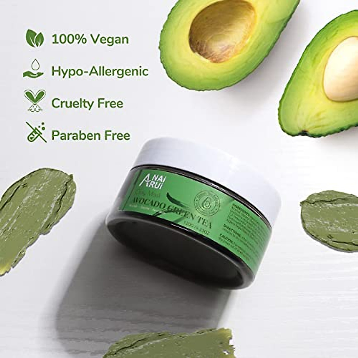 ANAI RUI Green Tea Face Mask with Avocado, Clay Facial Mask for Acne, Detox, Face Cleansing Mask, Hydrating, Nourishing, Soothing, 120g/4.23 oz