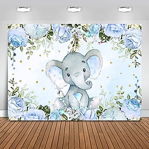 Avezano Elephant Boy Baby Shower Backdrop, Blue Floral Elephant Baby Shower Party Decorations Blue Elephant Baby Shower Party Banner Photography Background (7x5ft)